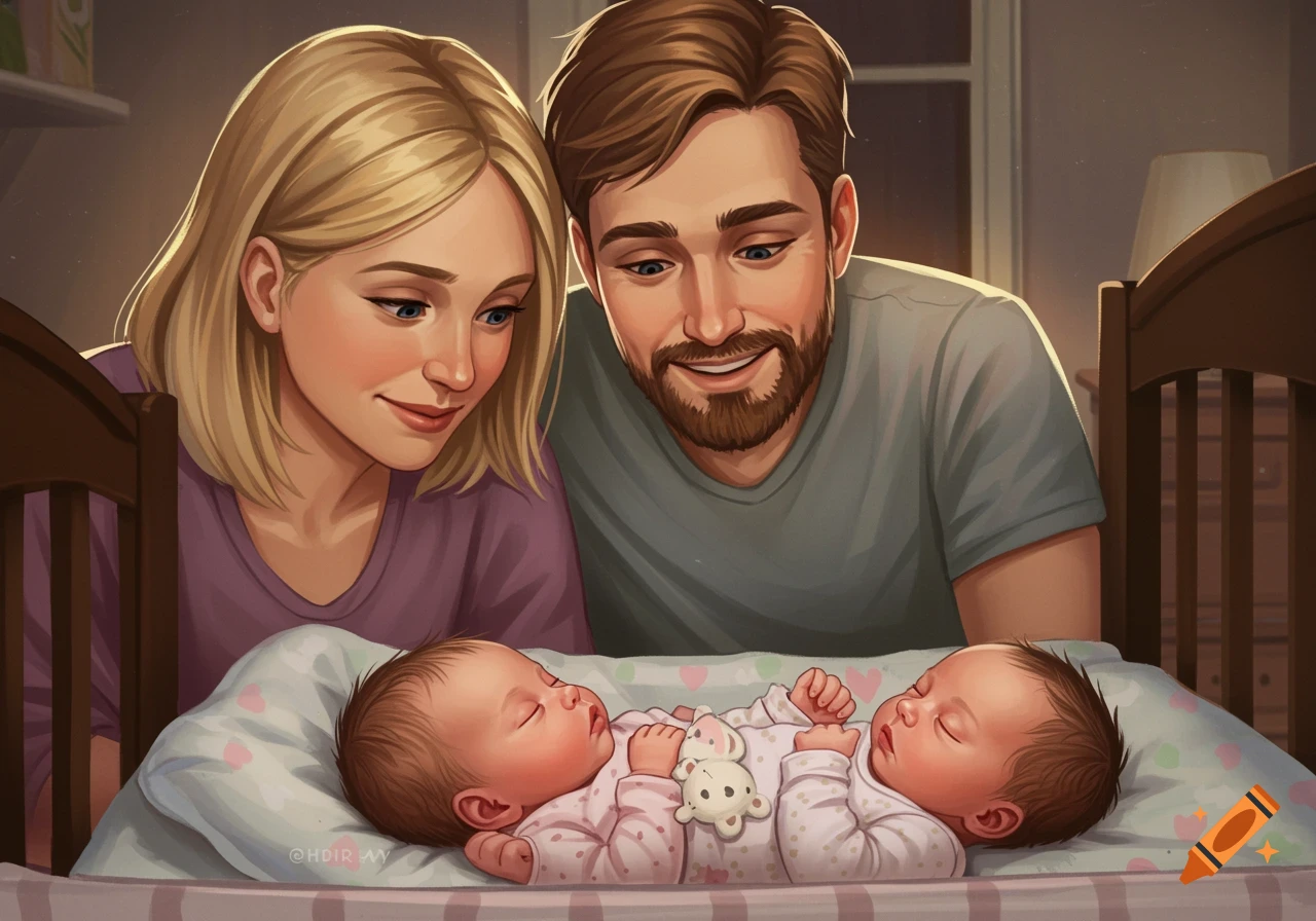 A couple looks lovingly down at two sleeping babies in a crib. on Craiyon