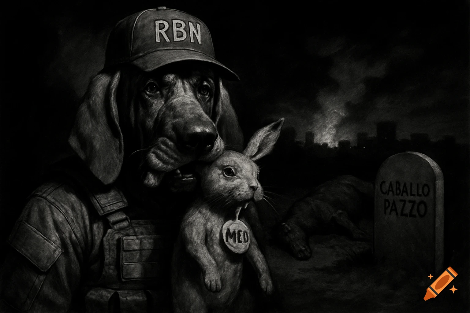 Dark illustration of a bloodhound in combat gear holding a dead rabbit ...