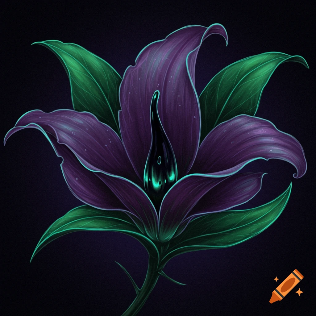 A stylized purple fantasy flower with glowing green leaves on a dark background. on Craiyon