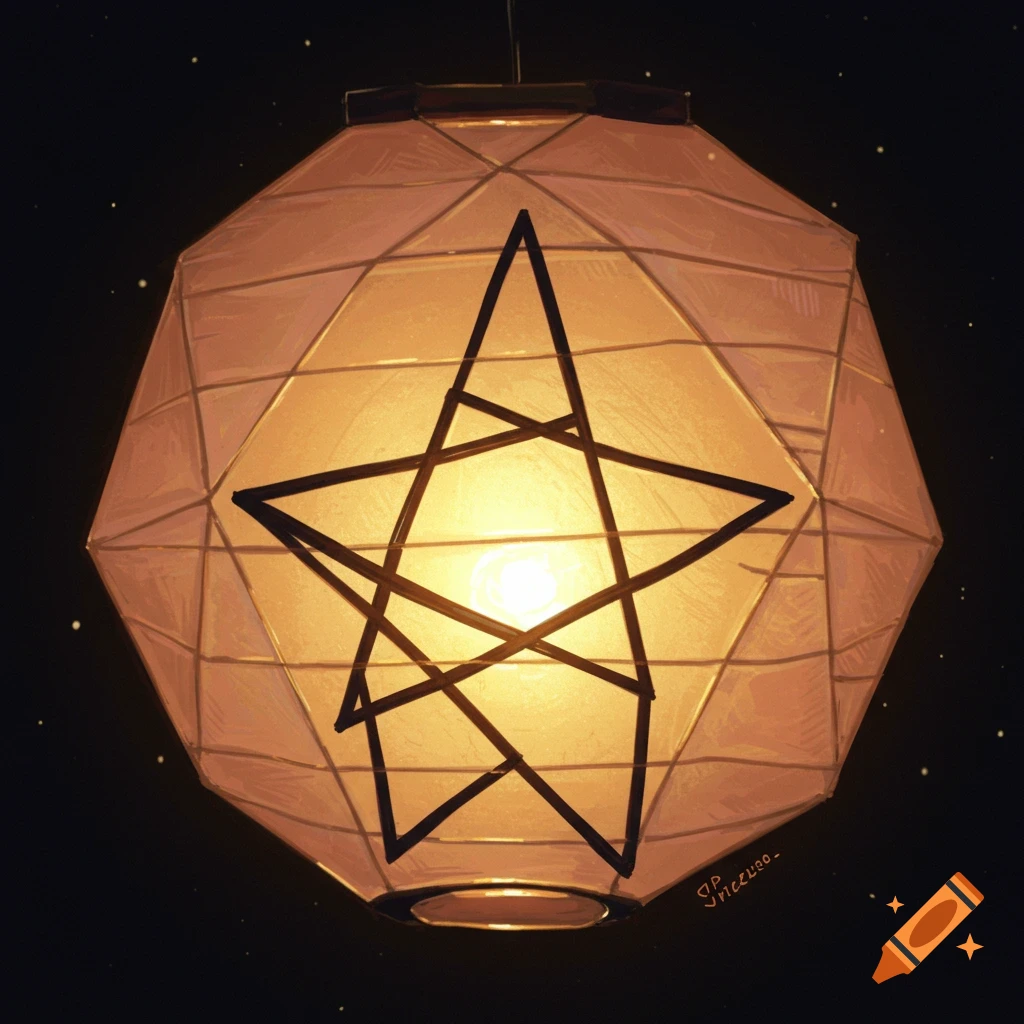 A glowing geometric paper lantern with a black star shape on it hangs ...
