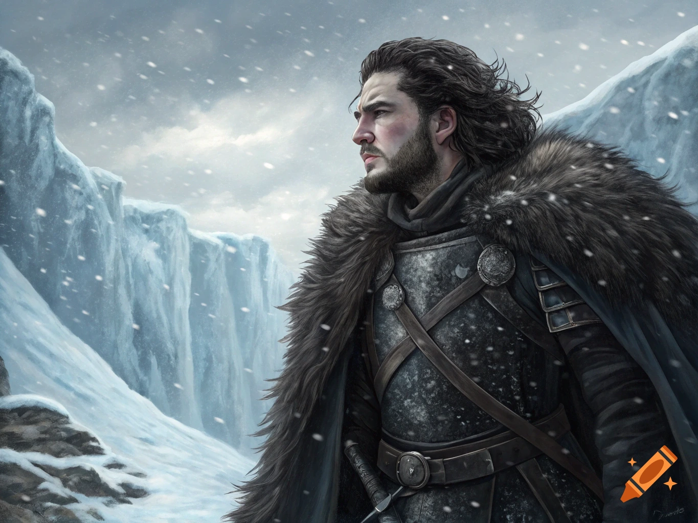 A man resembling Jon Snow in armor and fur cloak stands in falling snow ...