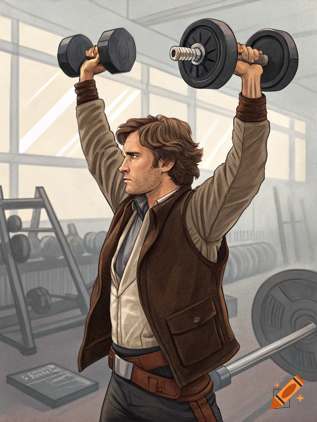 Illustration of Han Solo lifting weights overhead in a gym. on Craiyon