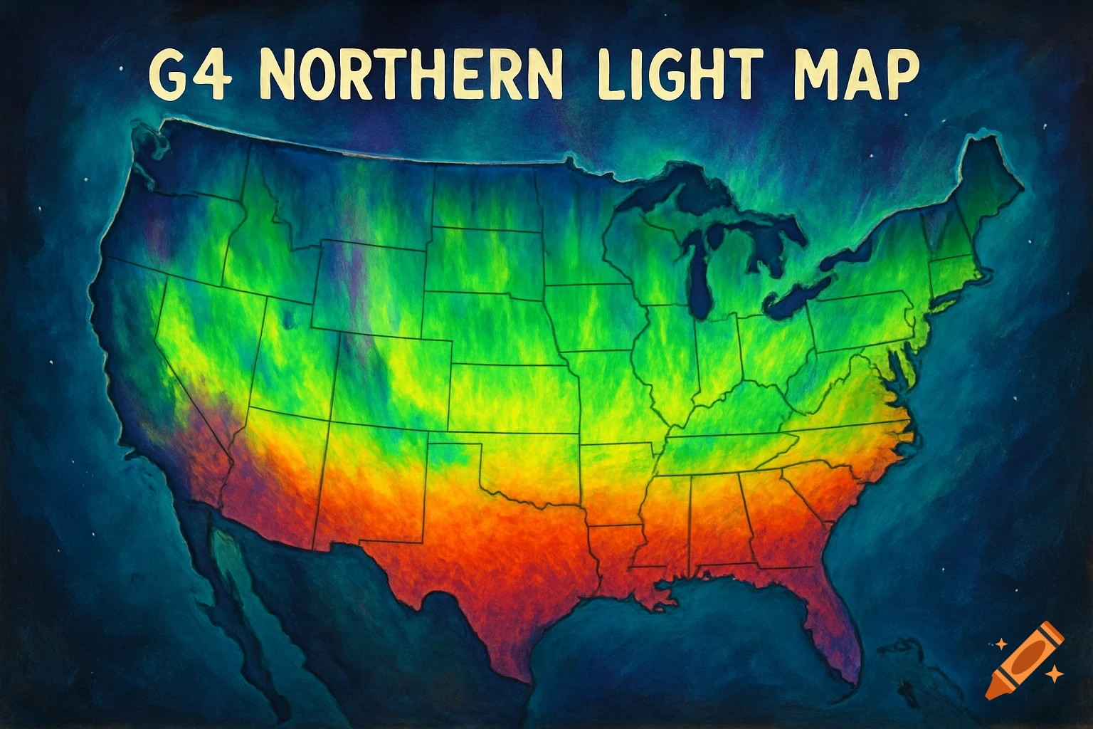 Painted map of the United States showing a G4 Northern Light event. on ...