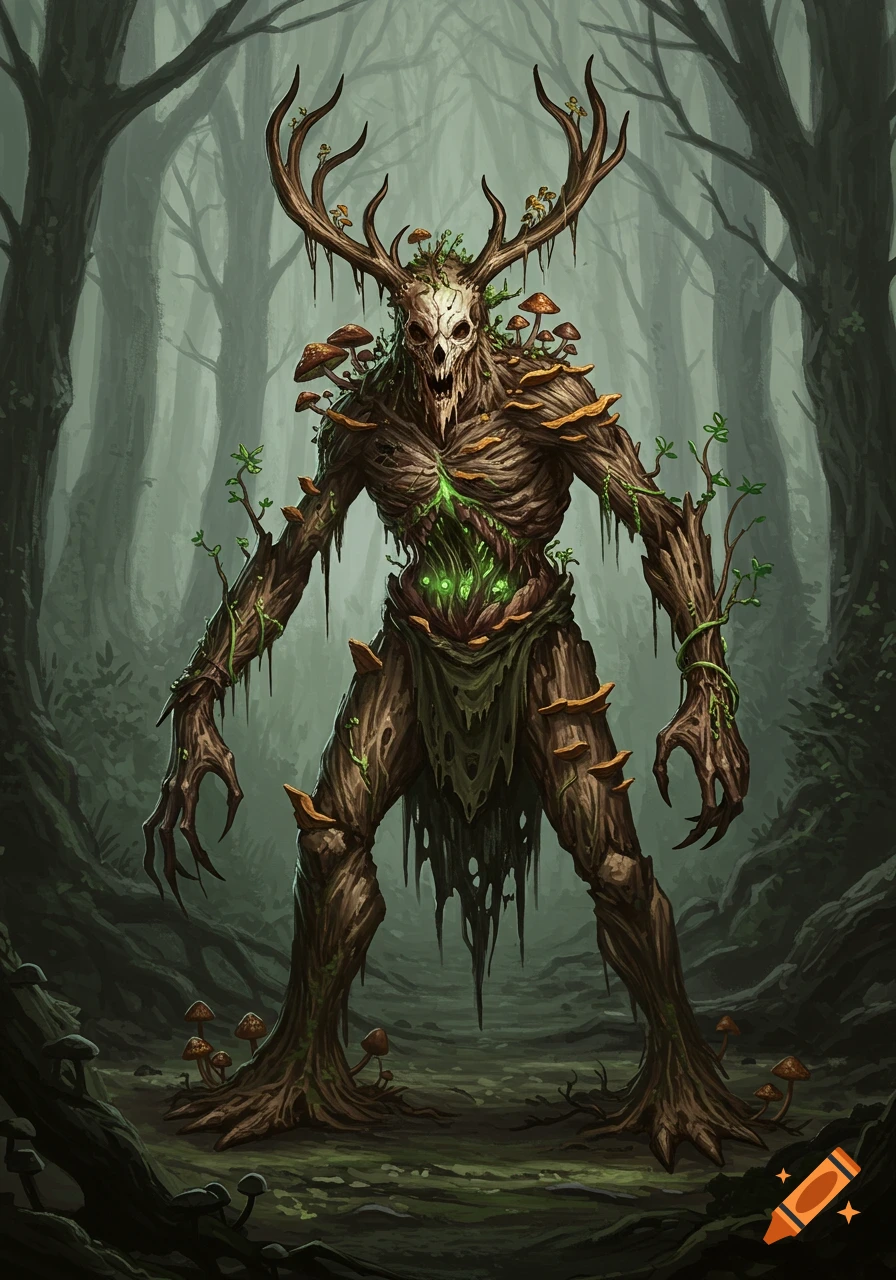 Digital painting of a grotesque creature made of wood and fungus with a ...