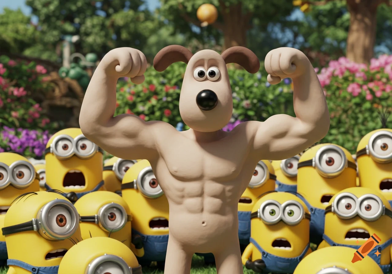 Muscular Gromit flexing his biceps surrounded by a crowd of shocked Minions. on Craiyon