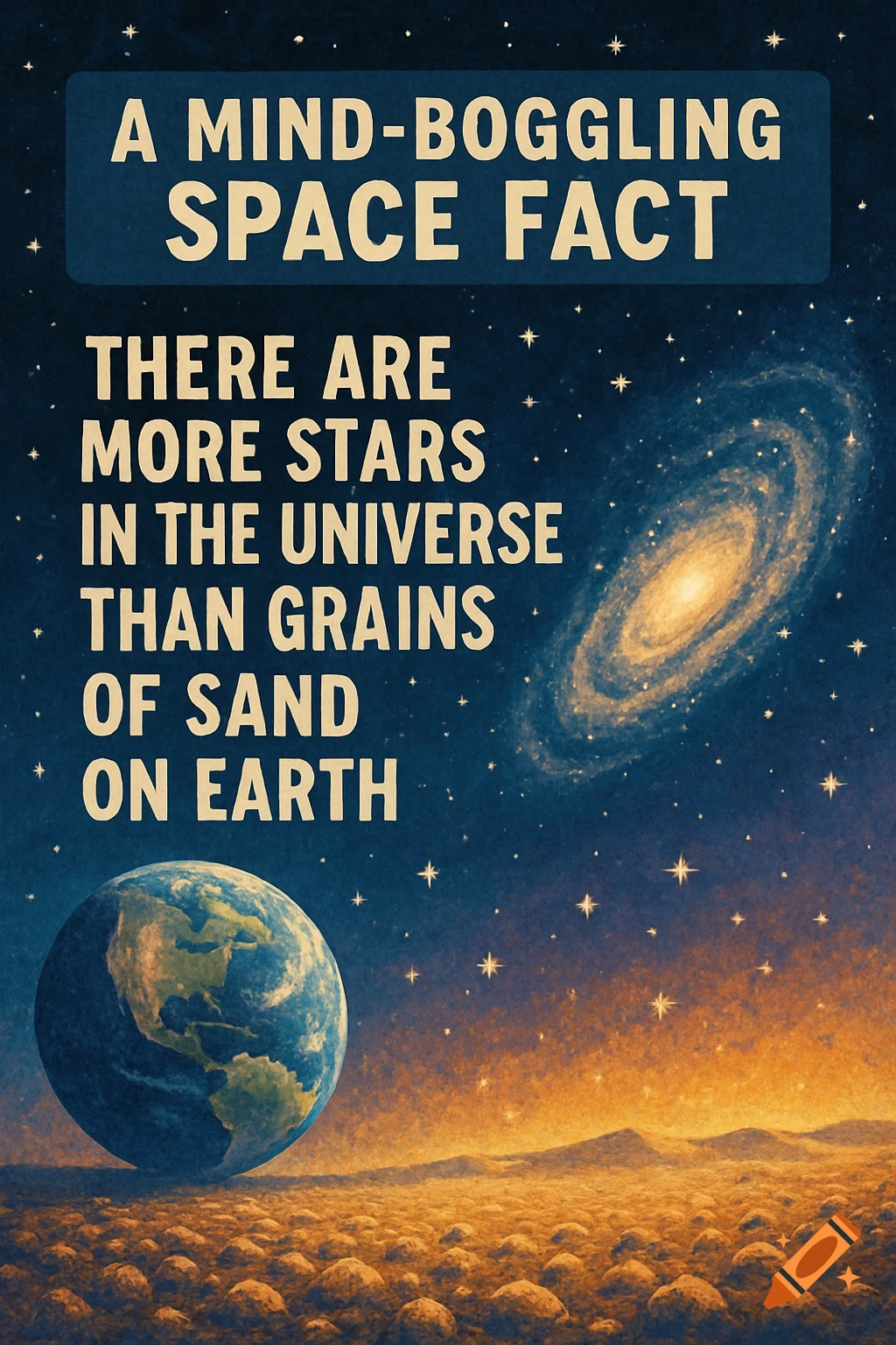 A digital painting showing Earth, a galaxy, and stars, with text ...