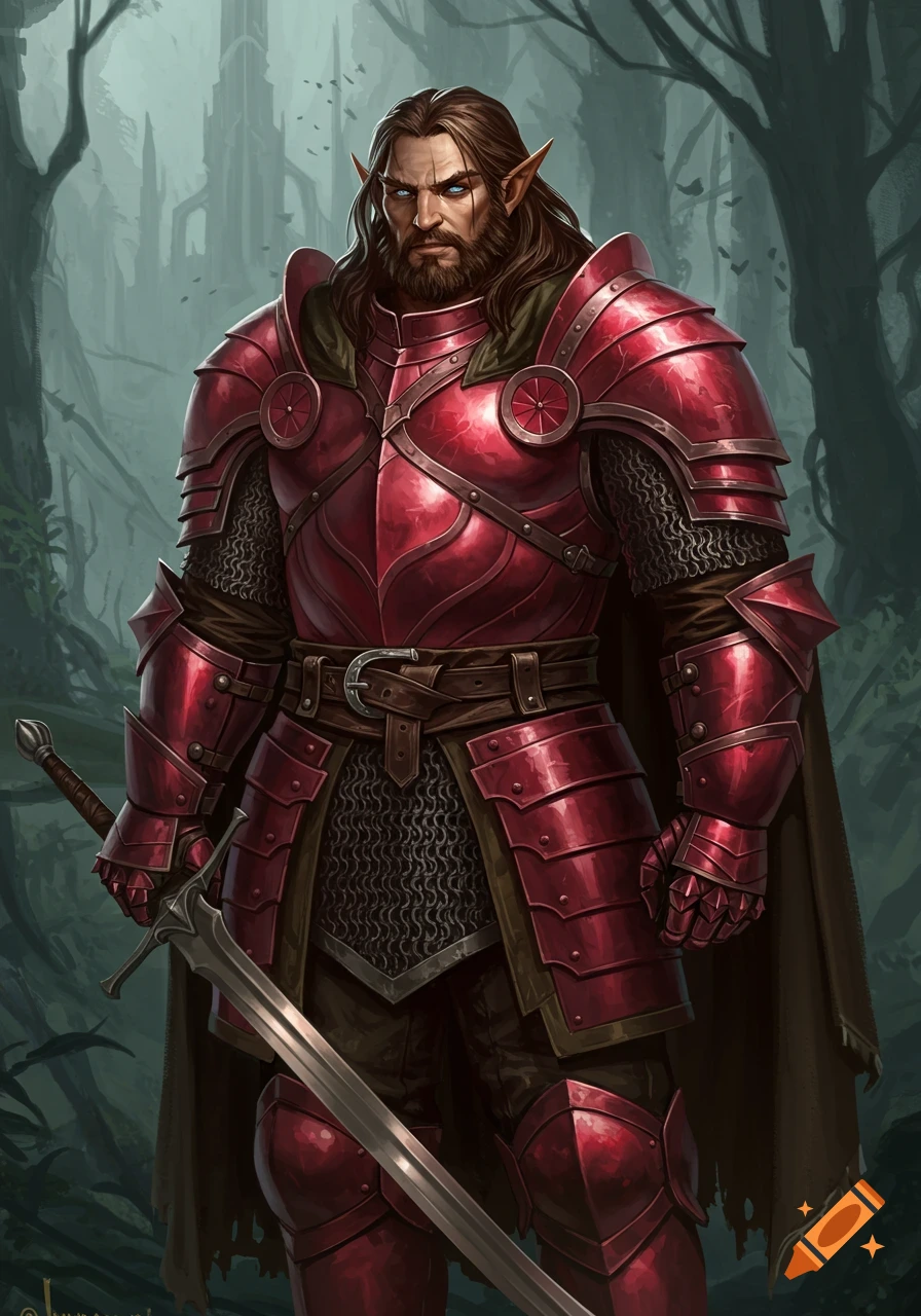 A muscular half-elf in red plate armor stands with a sword in a forest ...