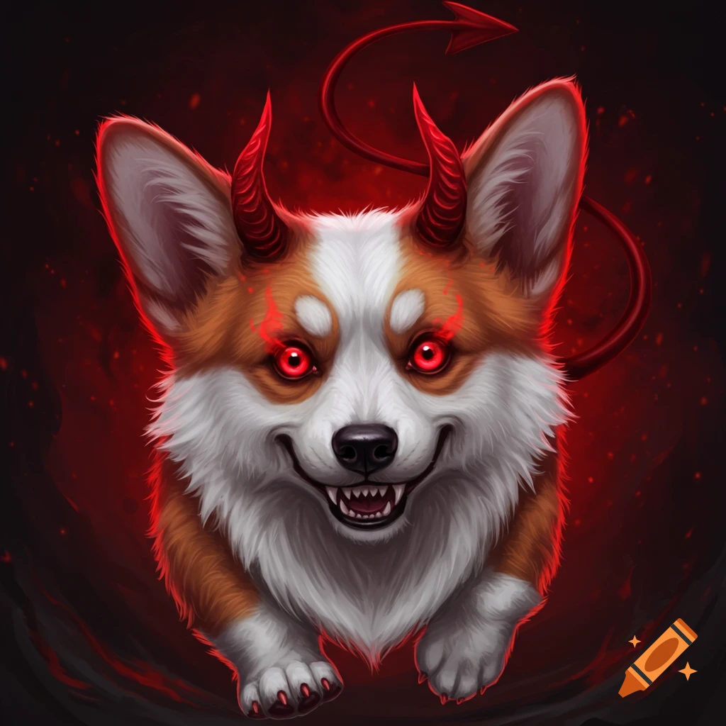 A stylized illustration of a devil corgi with red eyes, horns, fangs ...