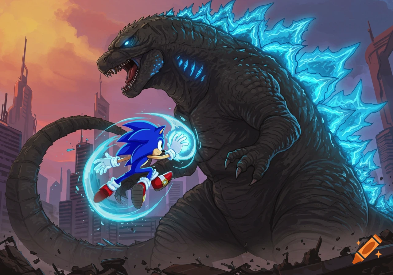 Sonic the Hedgehog faces off against Godzilla in a destroyed city at ...