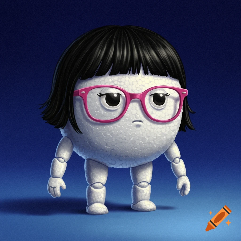 A stylized character, a Styrofoam ball with black hair, pink glasses ...