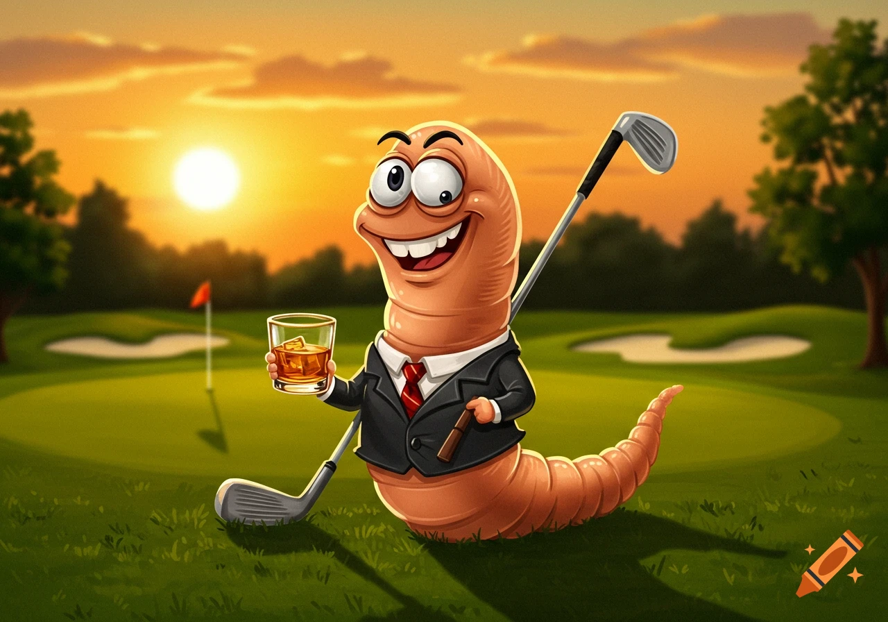 Cartoon worm in a suit on a golf course at sunset, holding a drink and ...