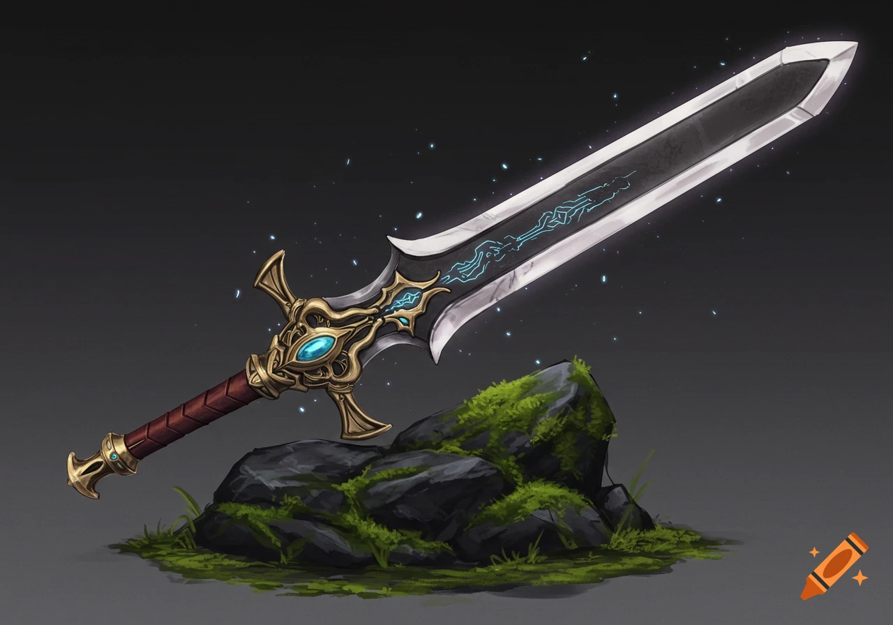 A detailed fantasy great sword rests on a mossy rock with glowing particles. on Craiyon