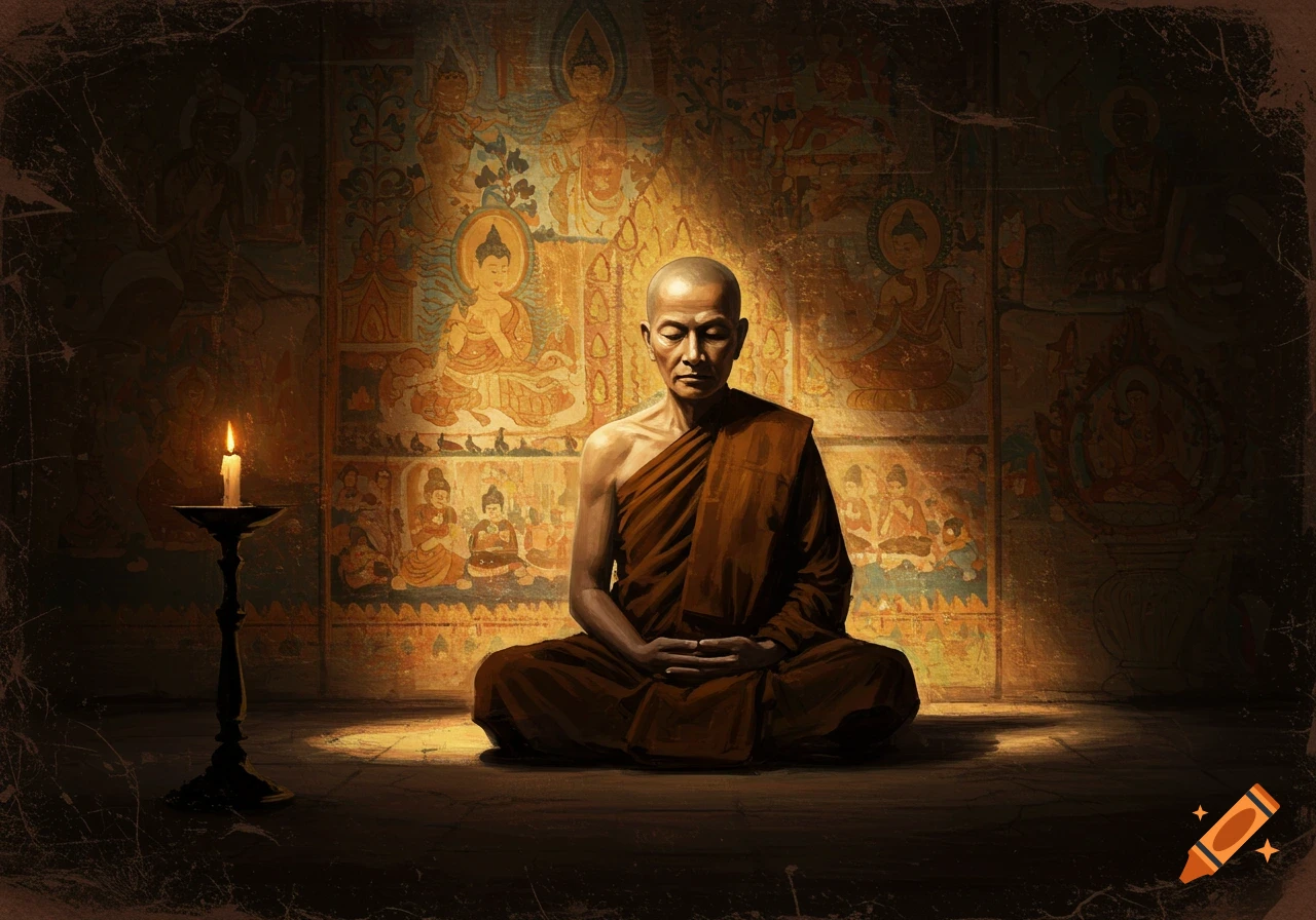 Monk meditating in front of ancient Buddhist murals with a candle, in ...