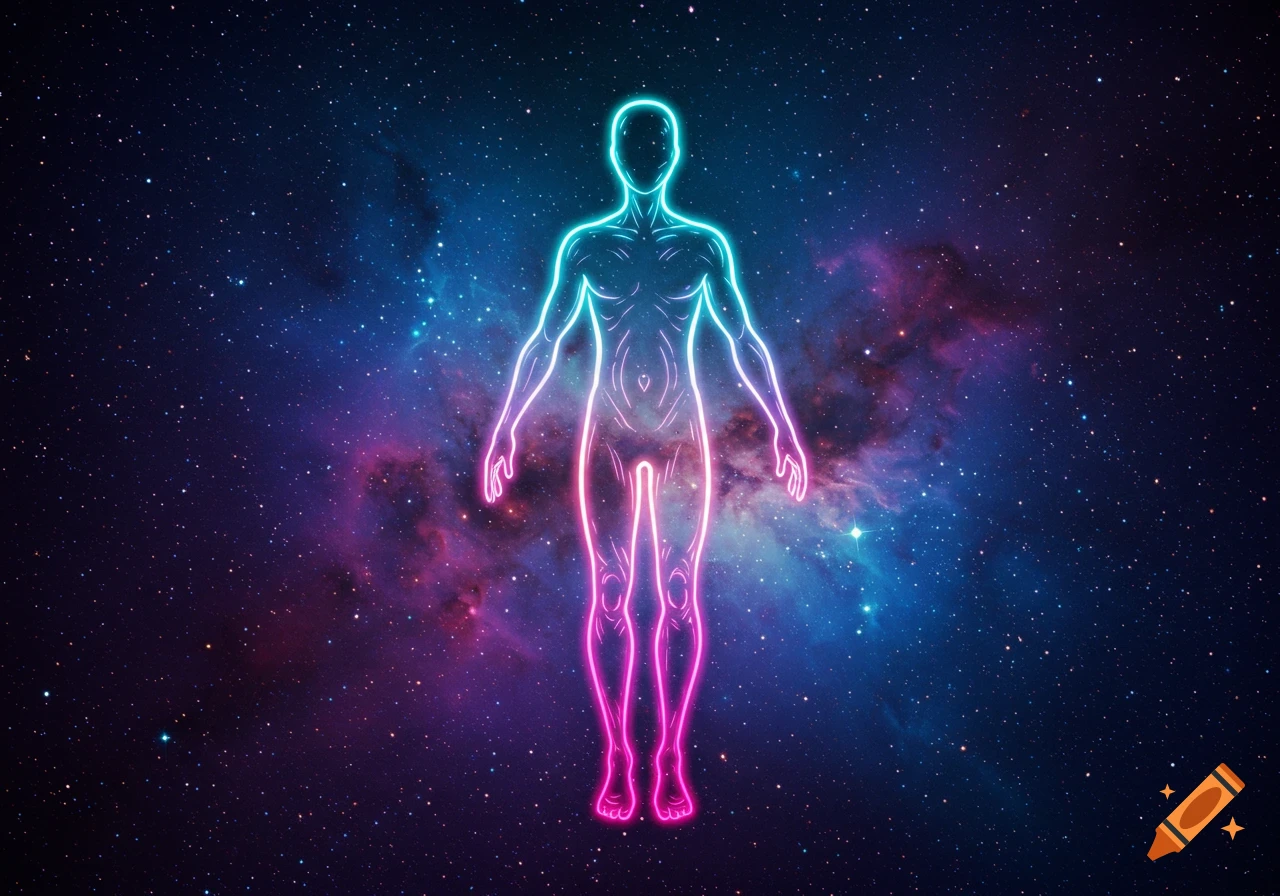 Neon outlined human figure against a colorful space nebula background ...
