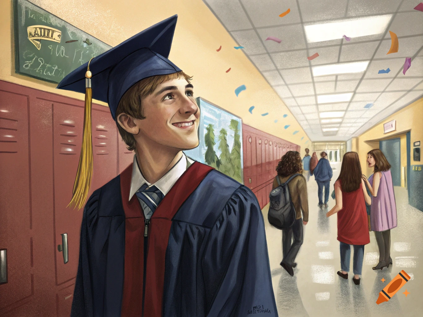 Illustration of a young man in graduation cap and gown smiling in a ...