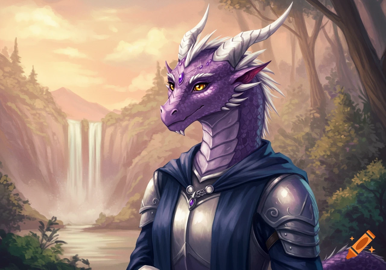 Purple humanoid dragon in silver armor and blue cloak in a fantasy ...