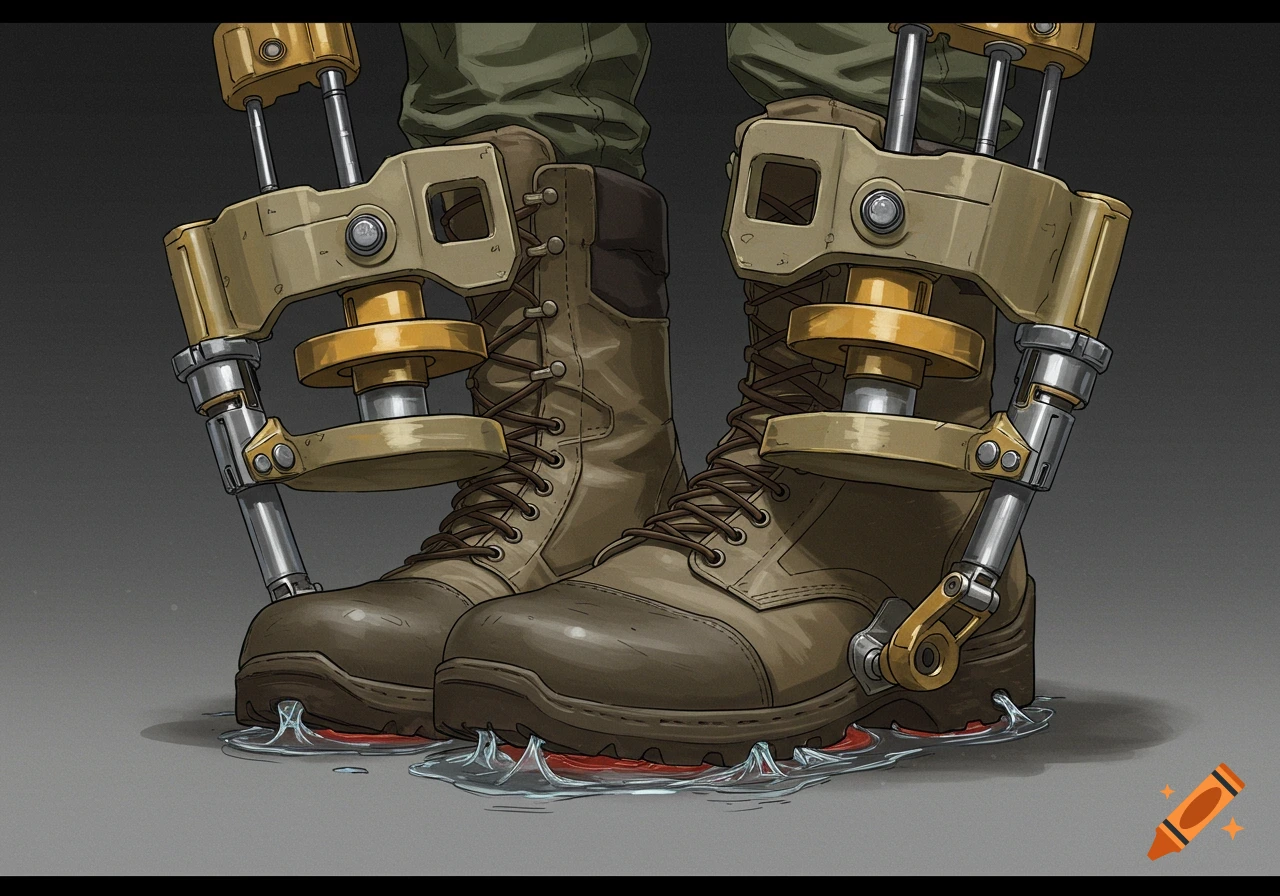 Stylized illustration of military boots with mechanical presses ...