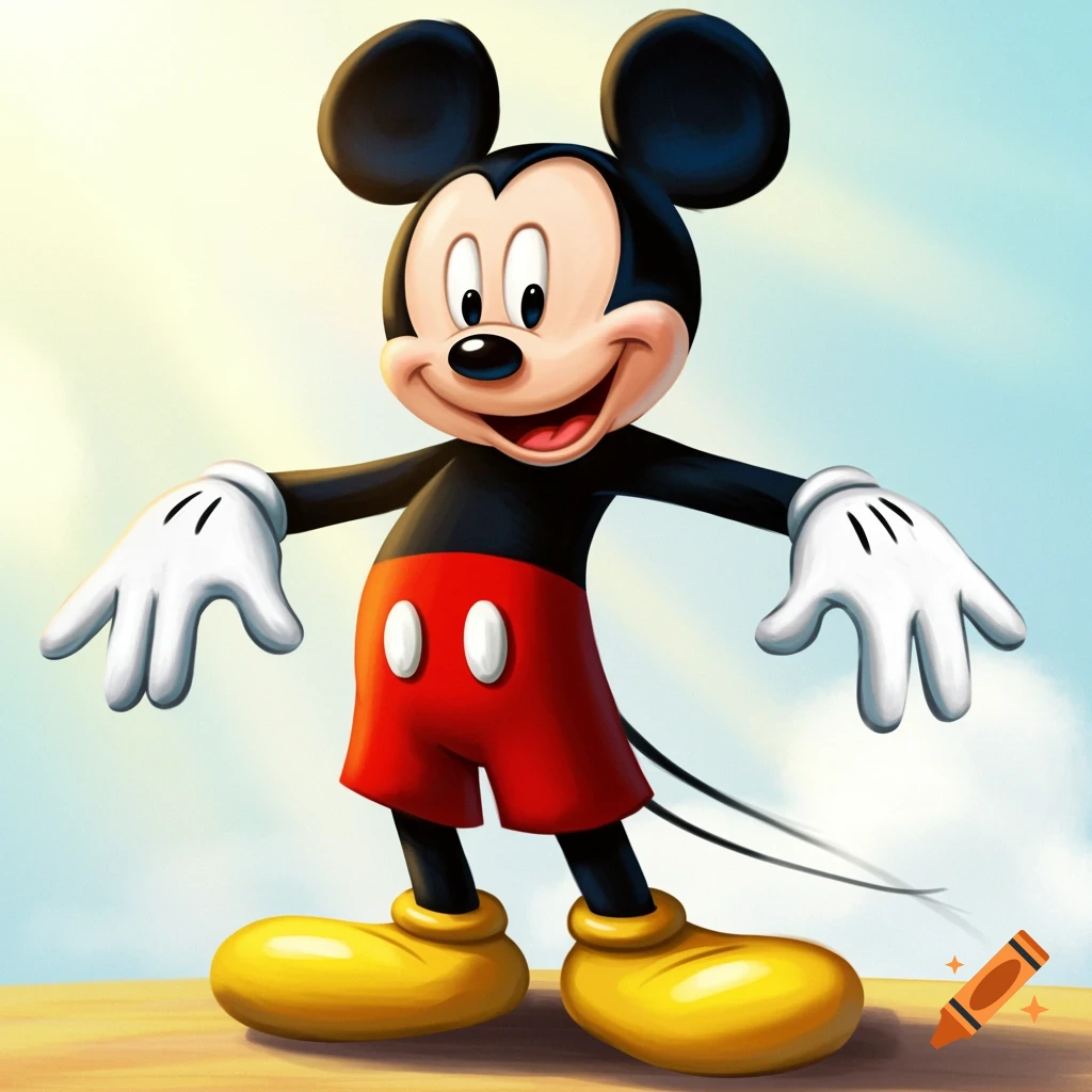 Illustration of Mickey Mouse standing and smiling without gloves on Craiyon