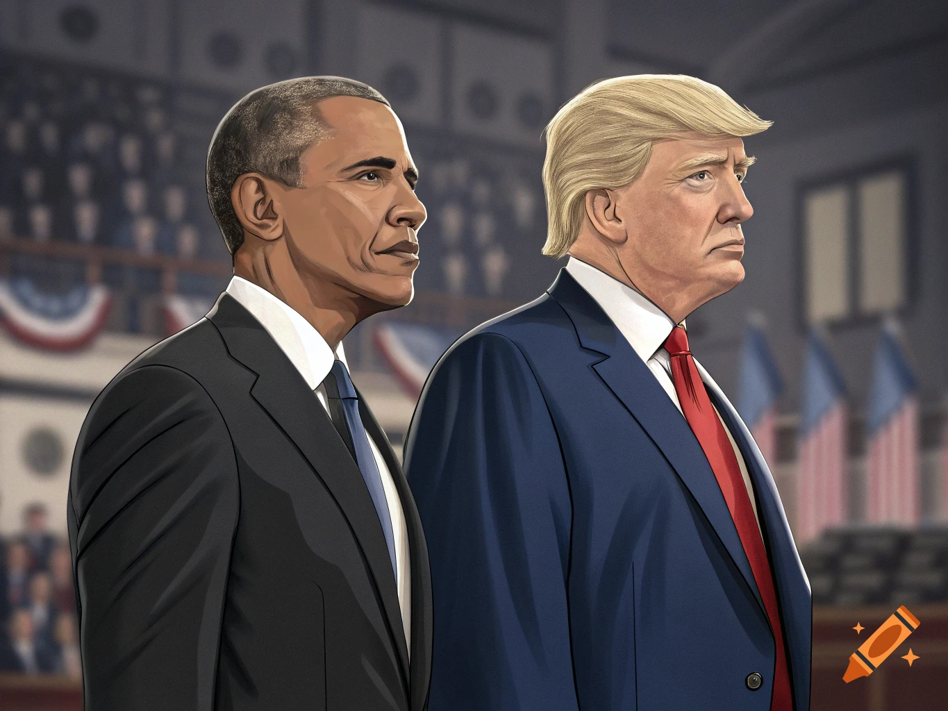 Illustration of Barack Obama and Donald Trump standing side-by-side in ...