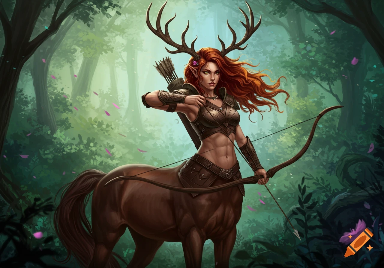 Female centaur archer with antlers in a forest, fantasy illustration on Craiyon