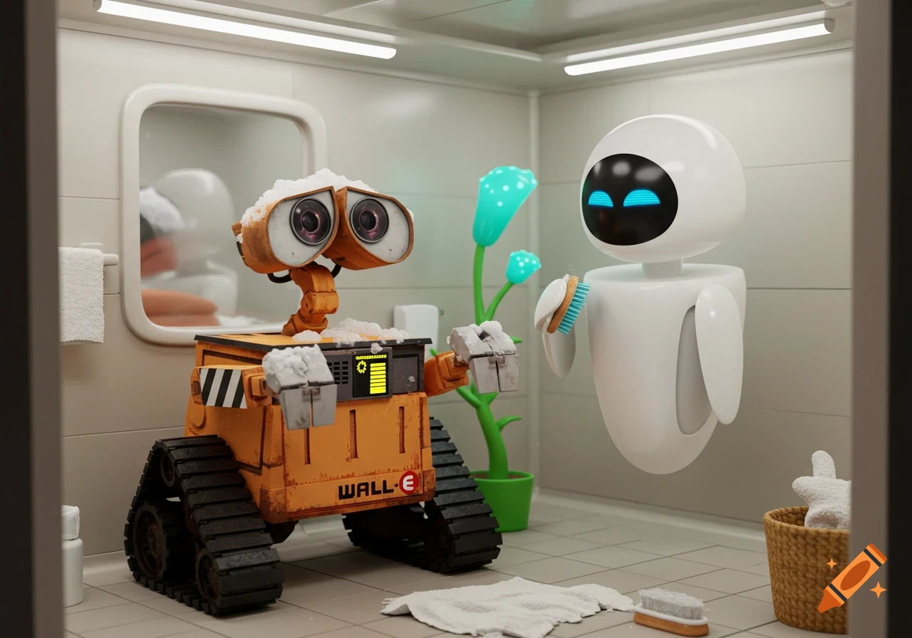 WALL-E and EVE robots clean a bathroom in 3D animation style on Craiyon