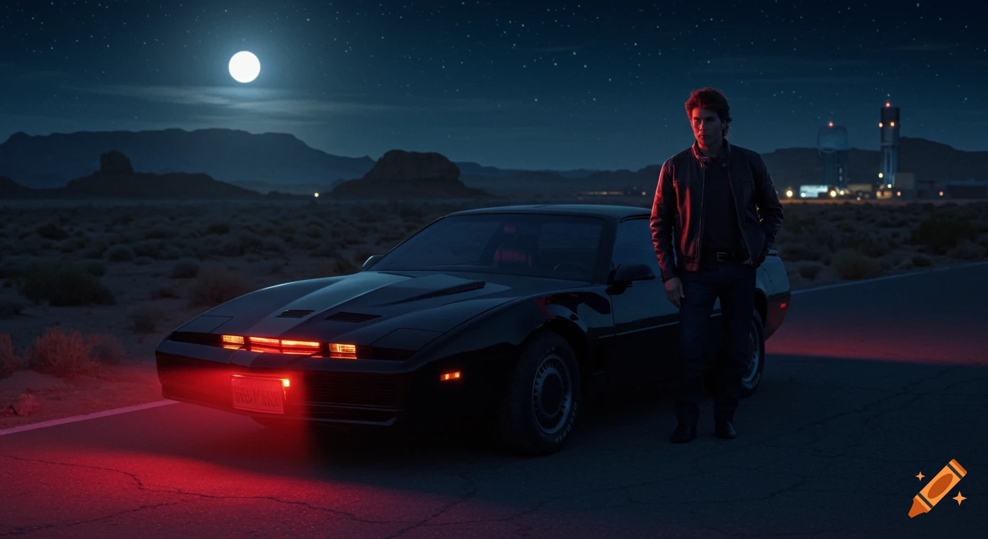 Dramatic night shot of a man standing next to a black Pontiac Trans Am ...