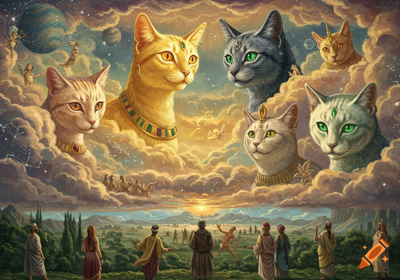 Large cat gods appear in the sky above people in a landscape at sunset ...
