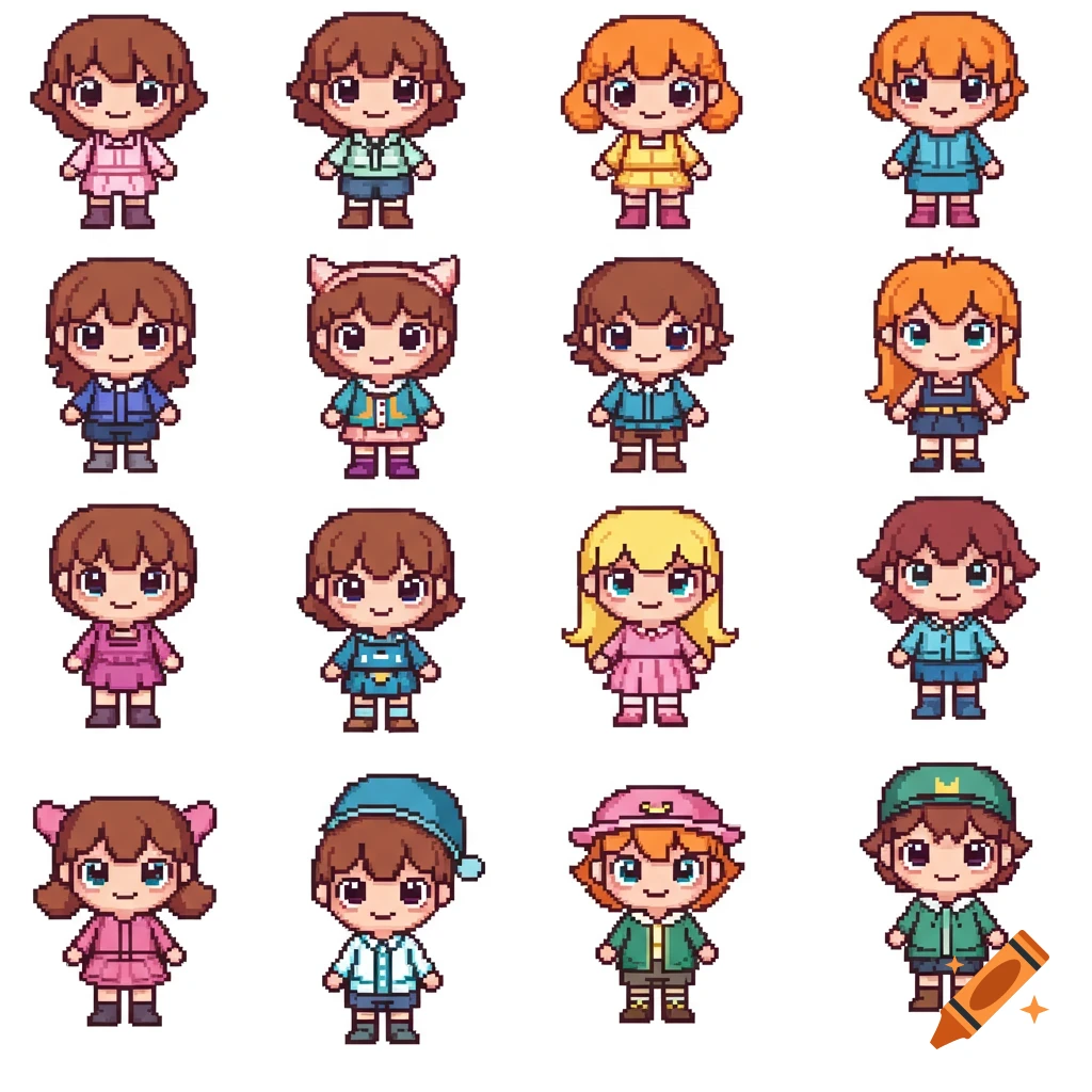 Multiple cute pixel art characters with varying hairstyles and outfits ...