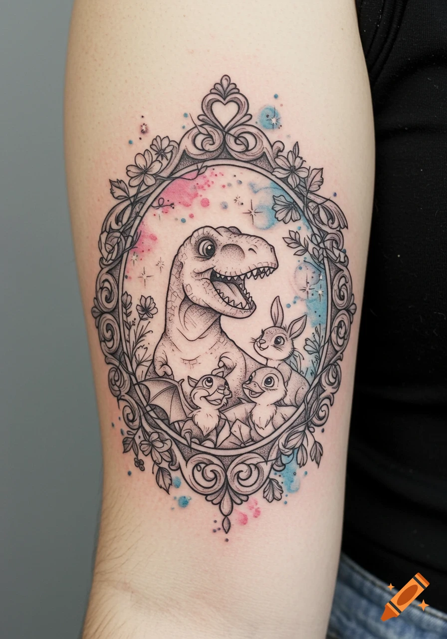 Tattoo of a cartoon T-Rex, bat, bunny, and duck inside a decorative ...