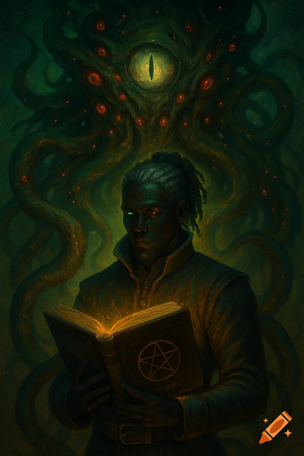 A dark fantasy painting of a figure reading a glowing magic book with a ...