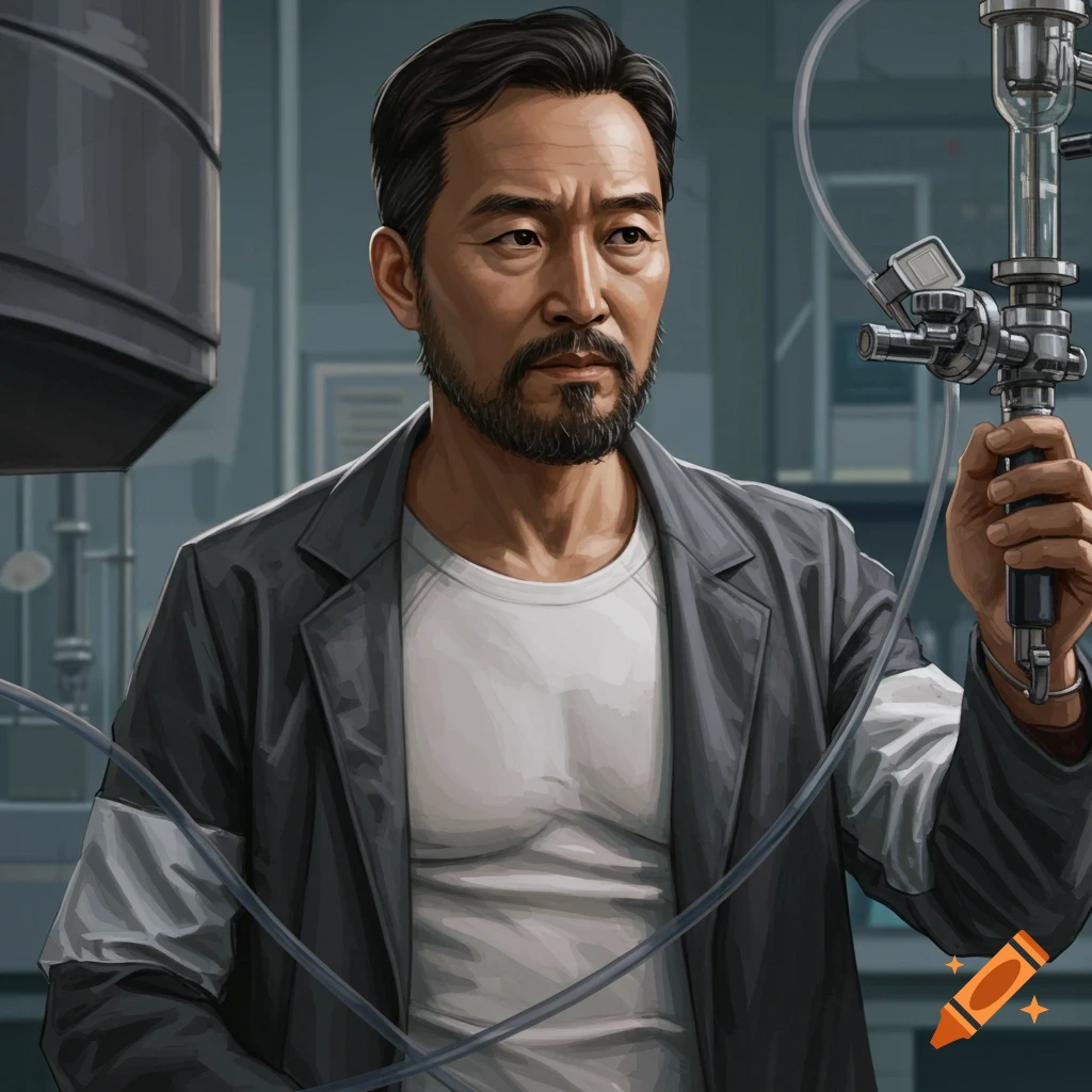 A man in a lab coat holds scientific equipment in a laboratory. on Craiyon