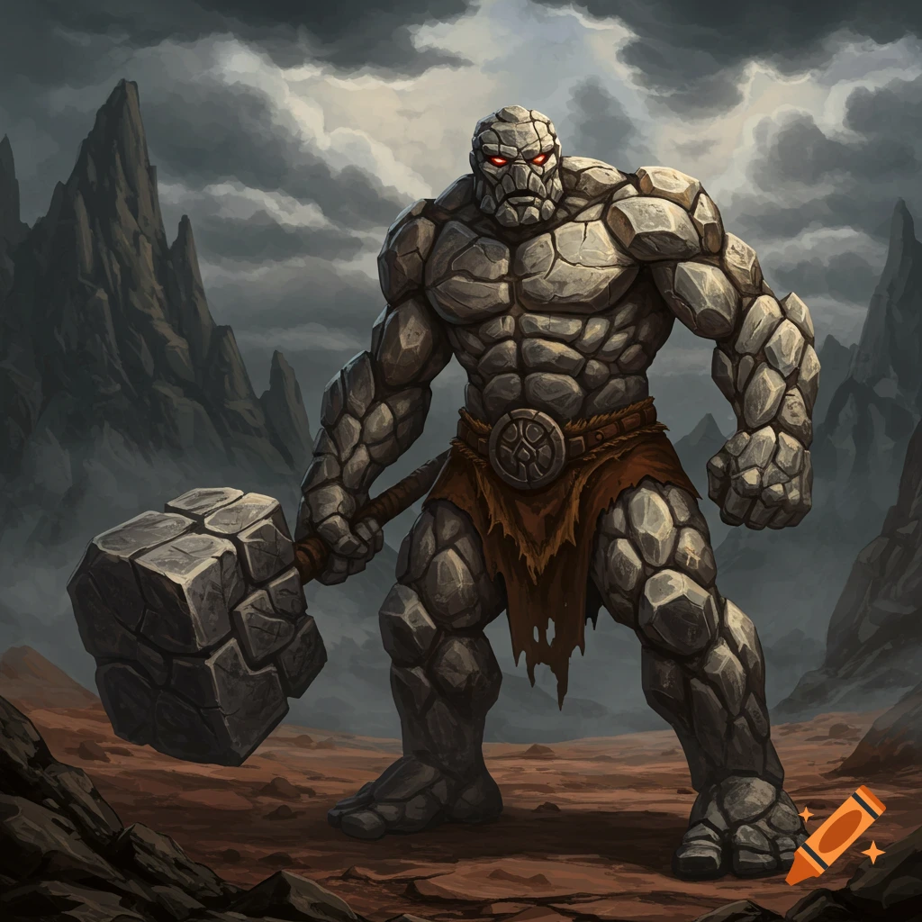 A powerful rock creature warrior stands in a barren, rocky landscape ...