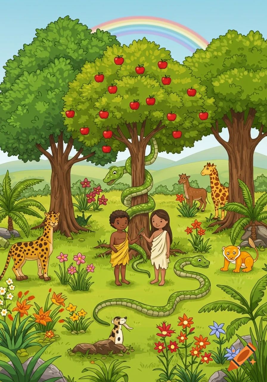 Clipart illustration of Adam and Eve in the Garden of Eden with animals ...