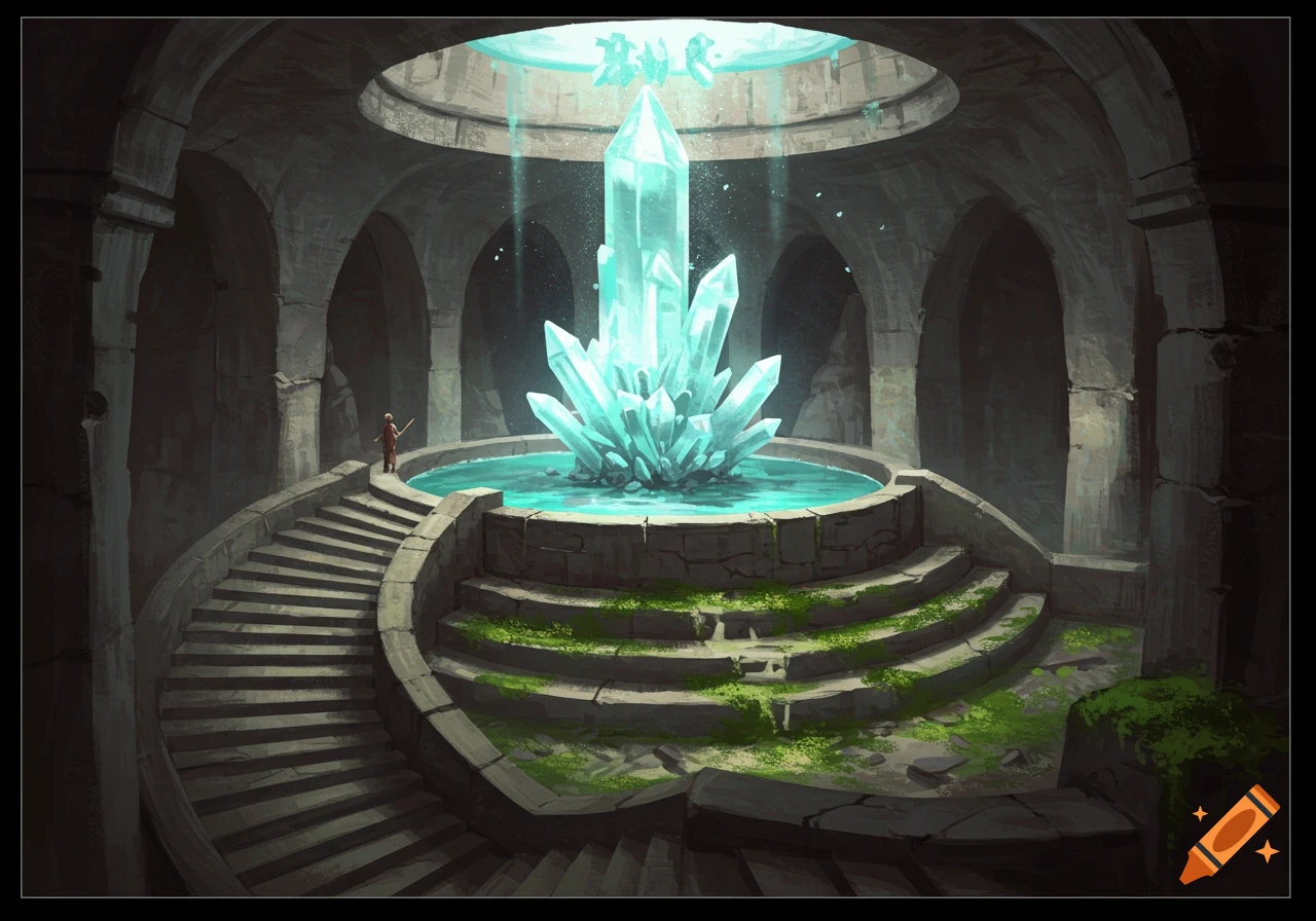 A small figure stands near a large glowing blue crystal in a pool within a cavern with stairs ...
