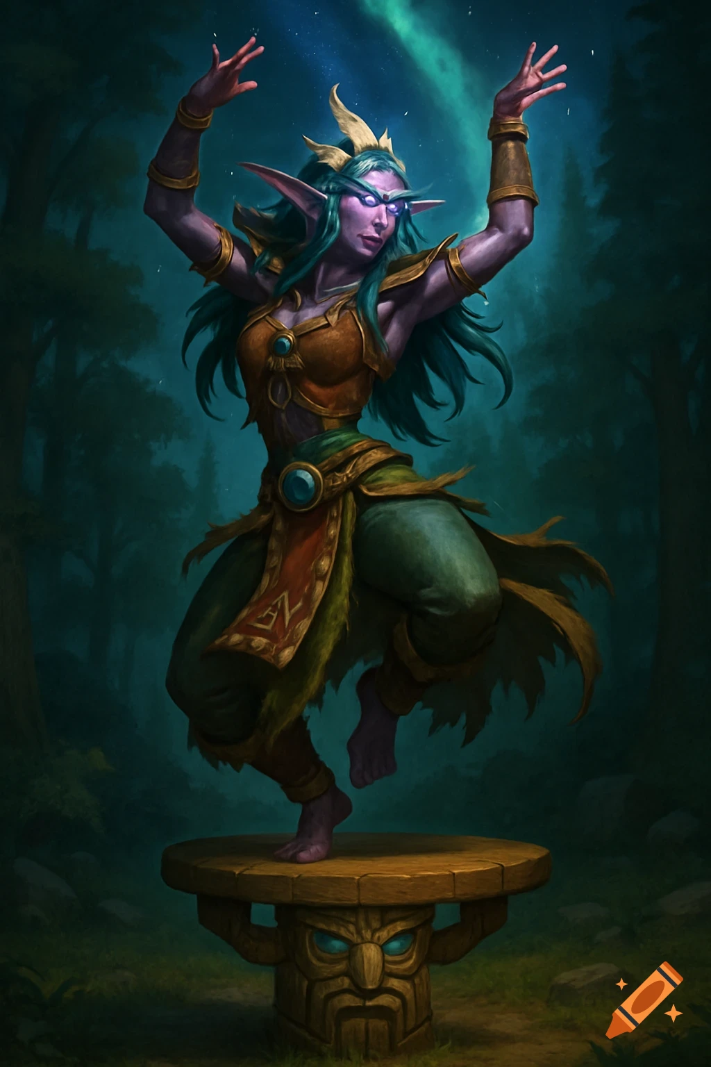Night elf character dancing on a totem in a forest under an aurora ...