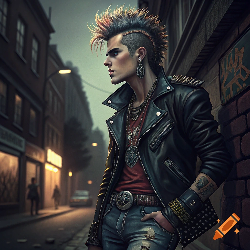 A person with a mohawk and leather jacket standing in a city street at ...