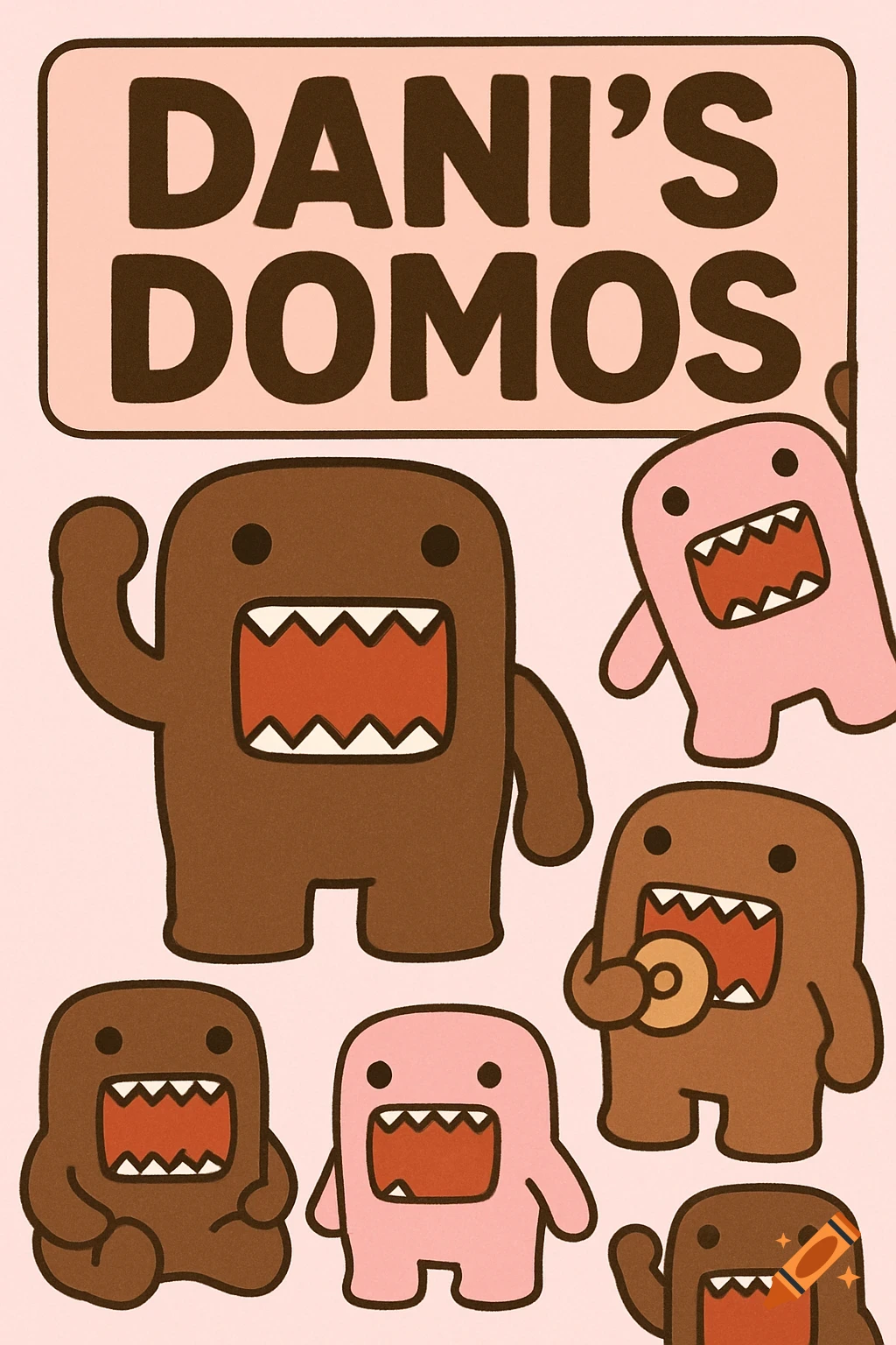 Poster with the text Dani's Domos and multiple brown and pink Domo Kun ...