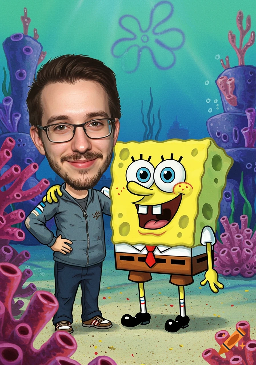 Cartoon style depiction of a man and Spongebob Squarepants underwater ...