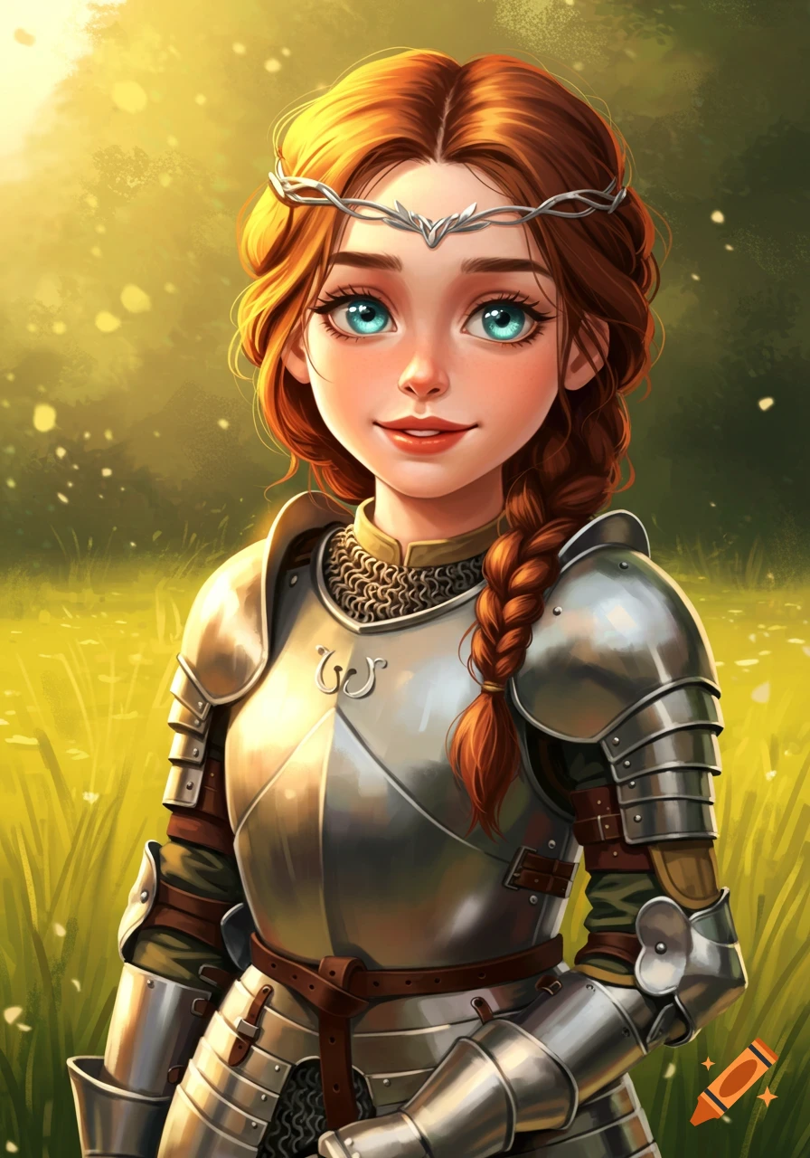 A cute woman in fantasy armor with red braided hair and blue eyes ...