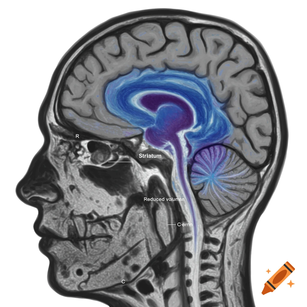 Sagittal view of a human head showing an MRI scan with brightly colored ...