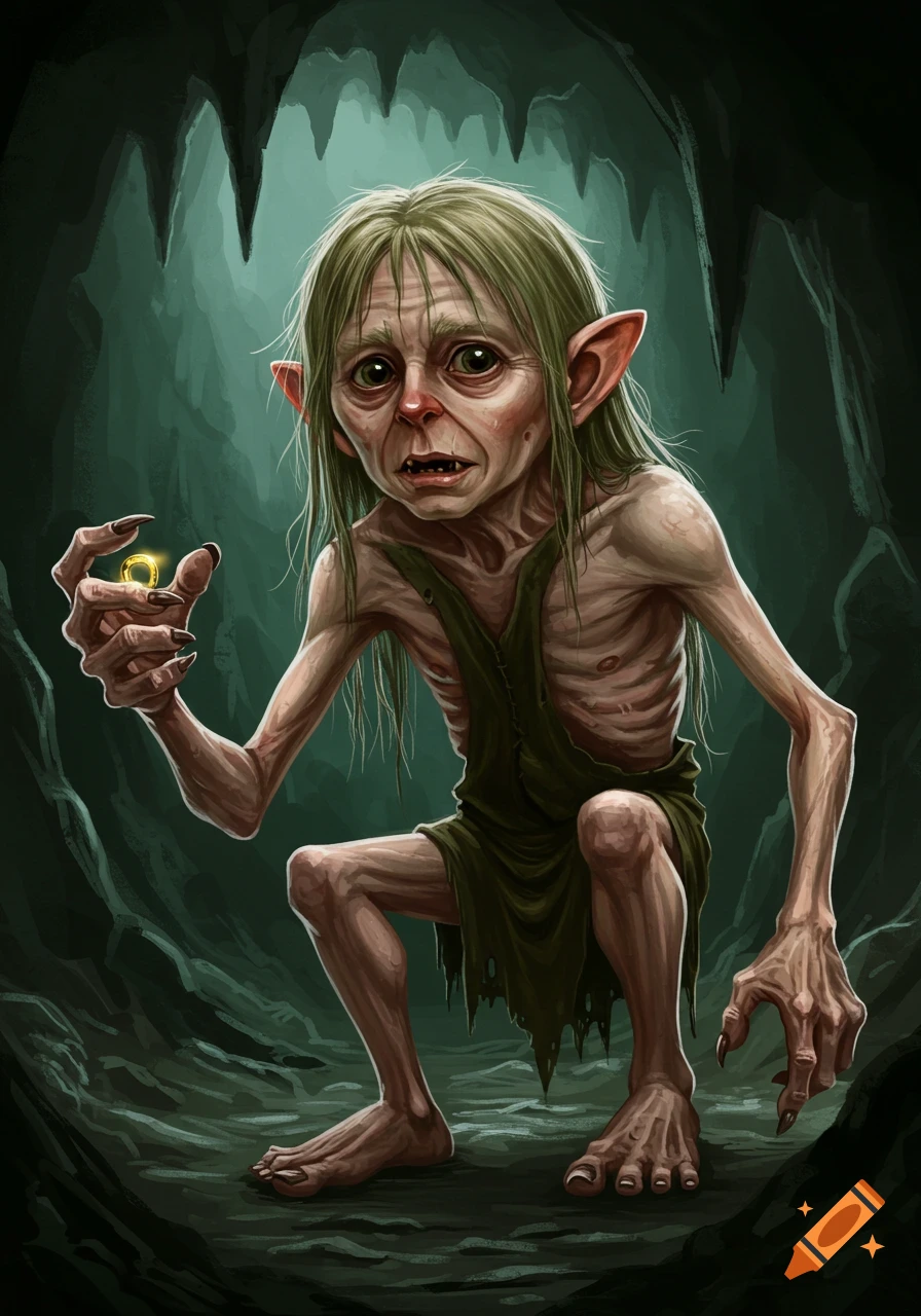 Illustration of a gaunt creature like Gollum crouching in a cave ...