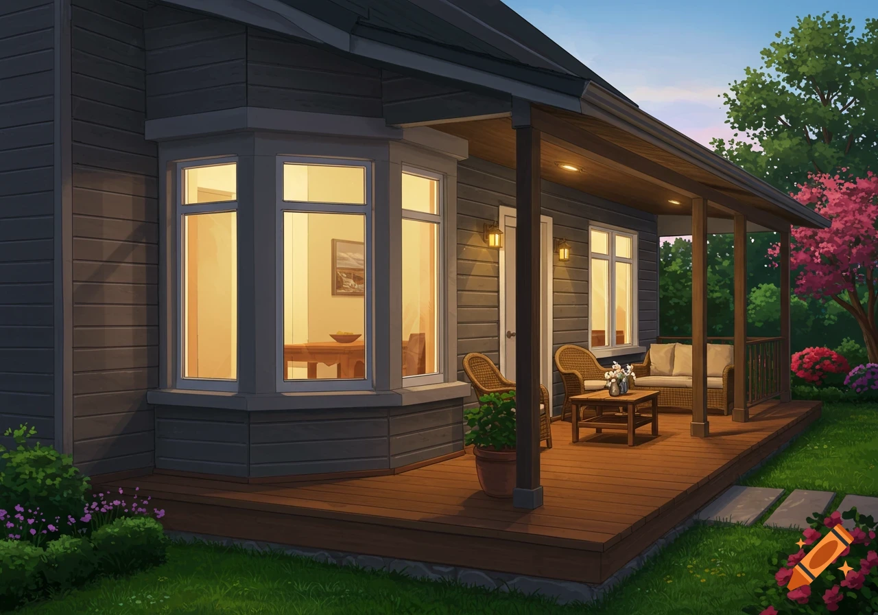 Digital art of a dark gray house exterior with a bay window, wrap ...