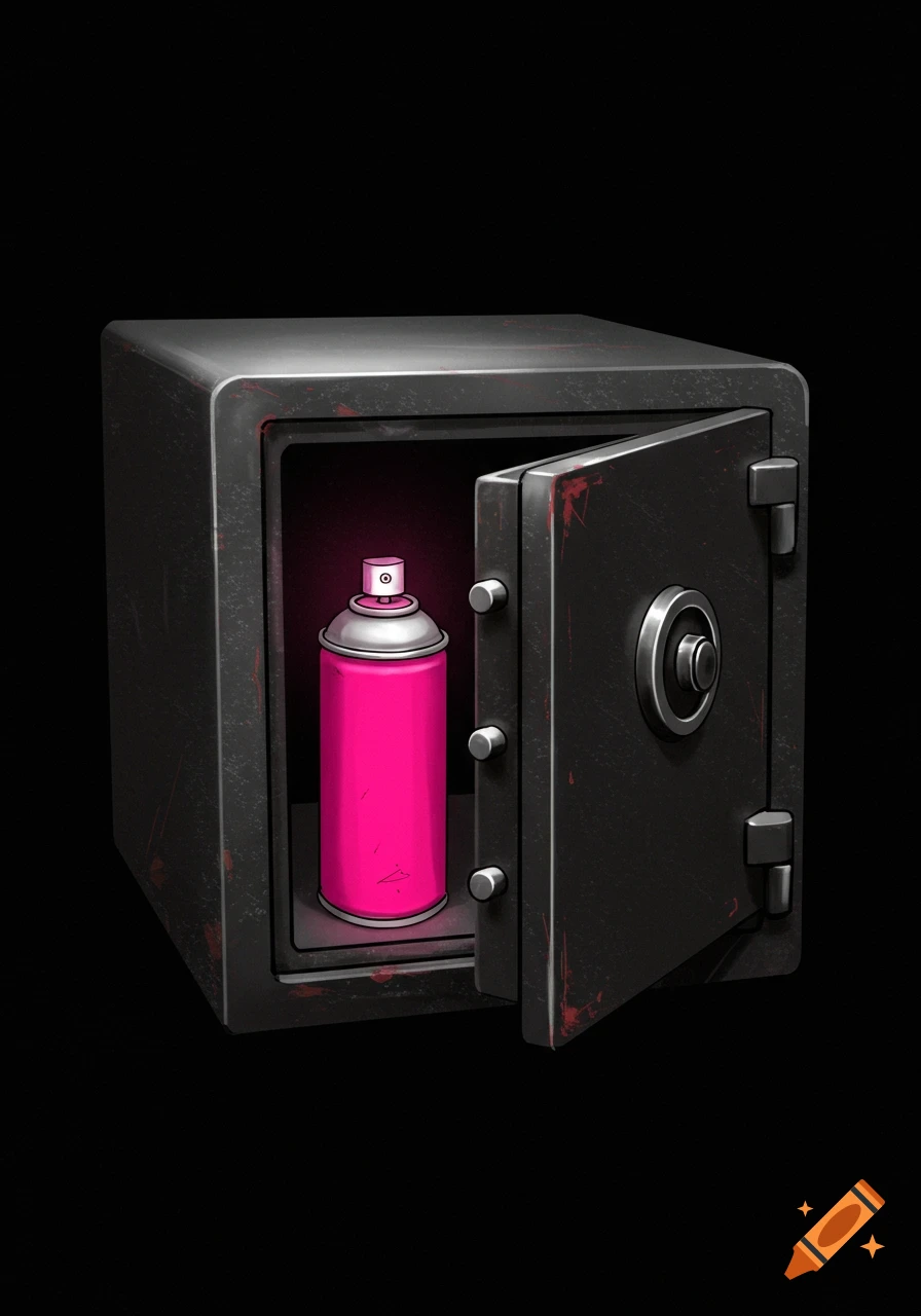 A dark combination safe with its door open, showing a bright pink spray ...