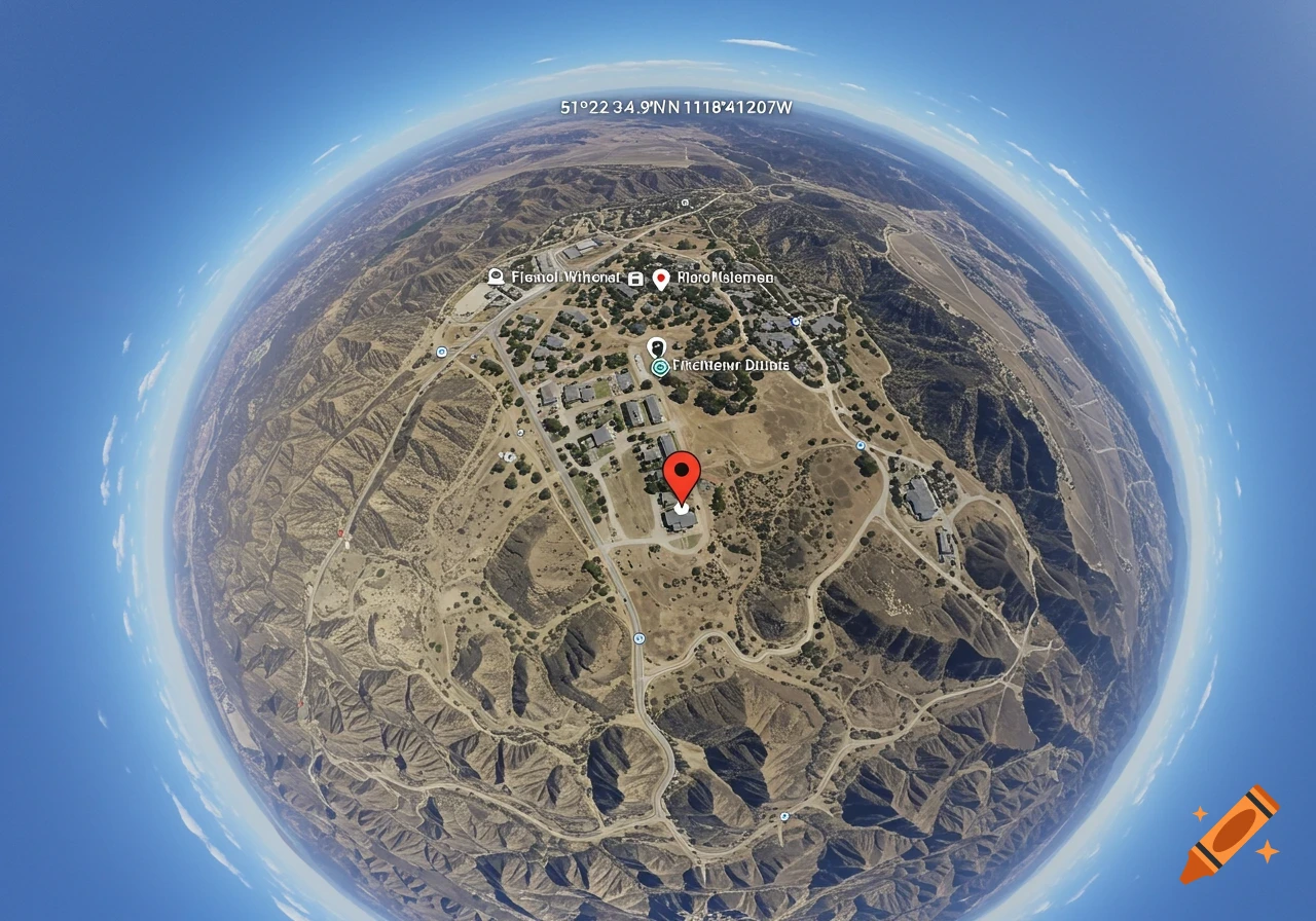Aerial fisheye view of a town and surrounding terrain with map markers ...