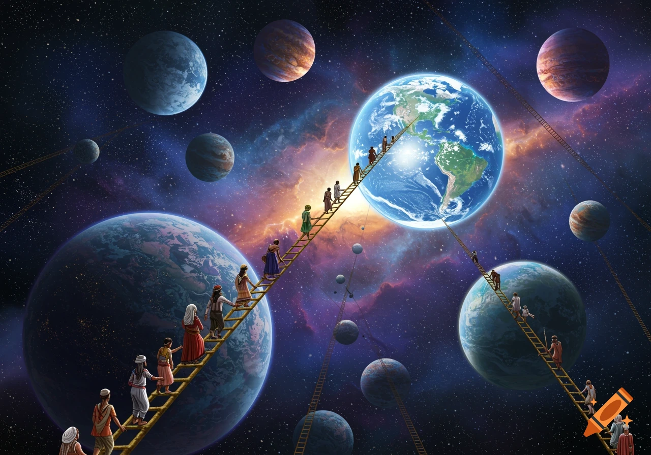 Digital art of people climbing ladders from planets to Earth in a ...