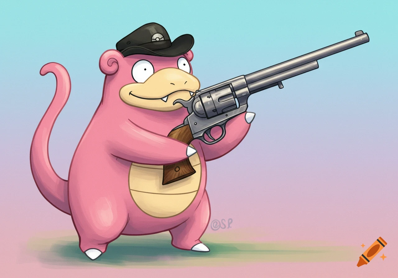 Cartoon Slowpoke wearing a cowboy hat and holding a large revolver. on ...