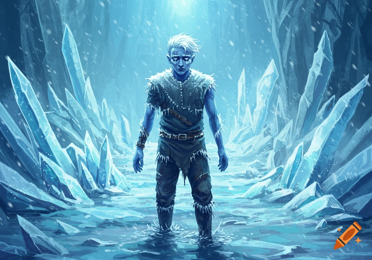 Blue-skinned man with icy features stands in a snowy landscape among ...