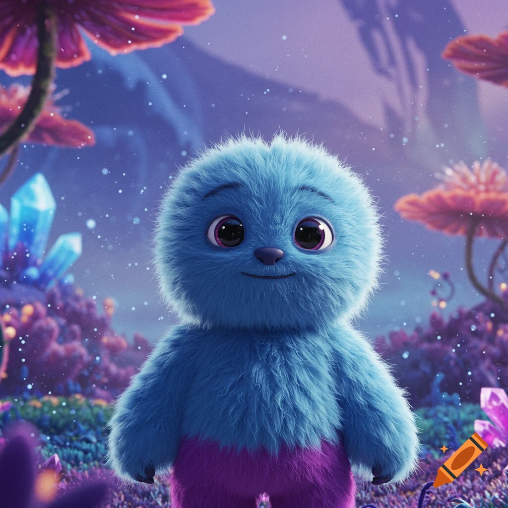 A fluffy blue creature stands in a glowing alien landscape. on Craiyon