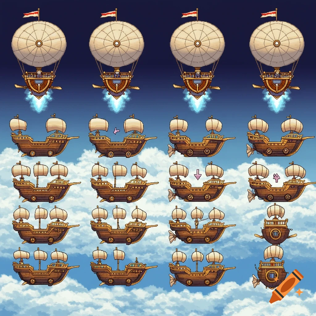 Pixel art sprites of airships against a cloudy blue sky on Craiyon
