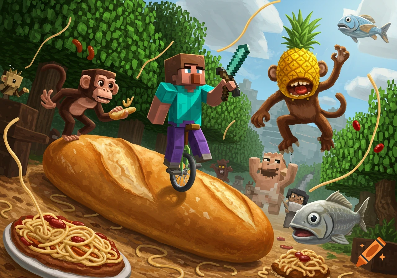 Minecraft Steve rides unicycle on giant baguette, chased by monkey with ...